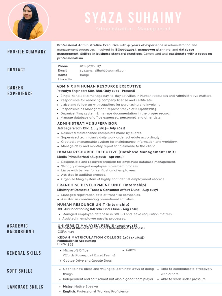 Resume Nur Syazana (960720105352) | PDF | Human Resources | Databases