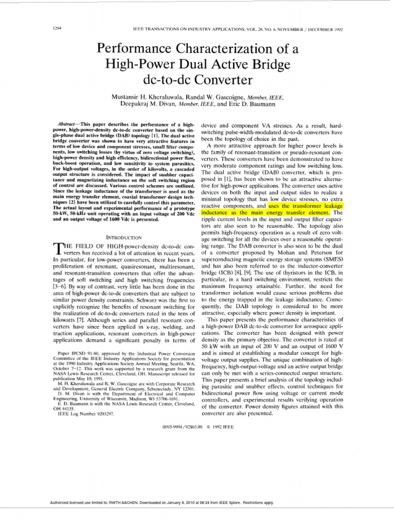 High-Power Dual Active Bridge Converter | PDF | Transformer | Inductance