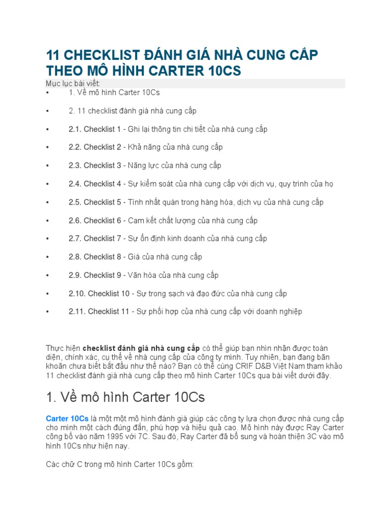 11 CHECKLIST ĐÁNH GIÁ NHÀ CUNG CẤP THEO MÔ HÌNH CARTER 10CS | PDF