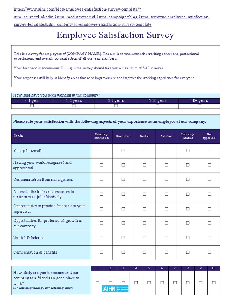 Employee Satisfaction Survey Template | PDF | Job Satisfaction ...