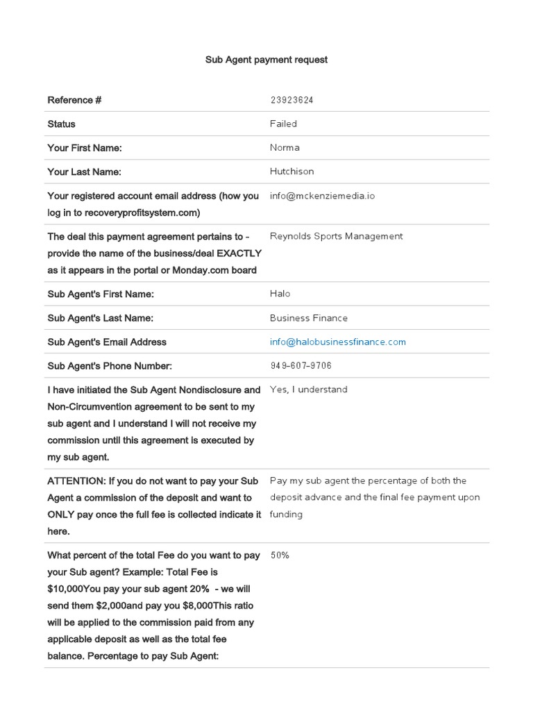 Sub Agent Commission Payment Request | PDF | Business | Finance & Money Management