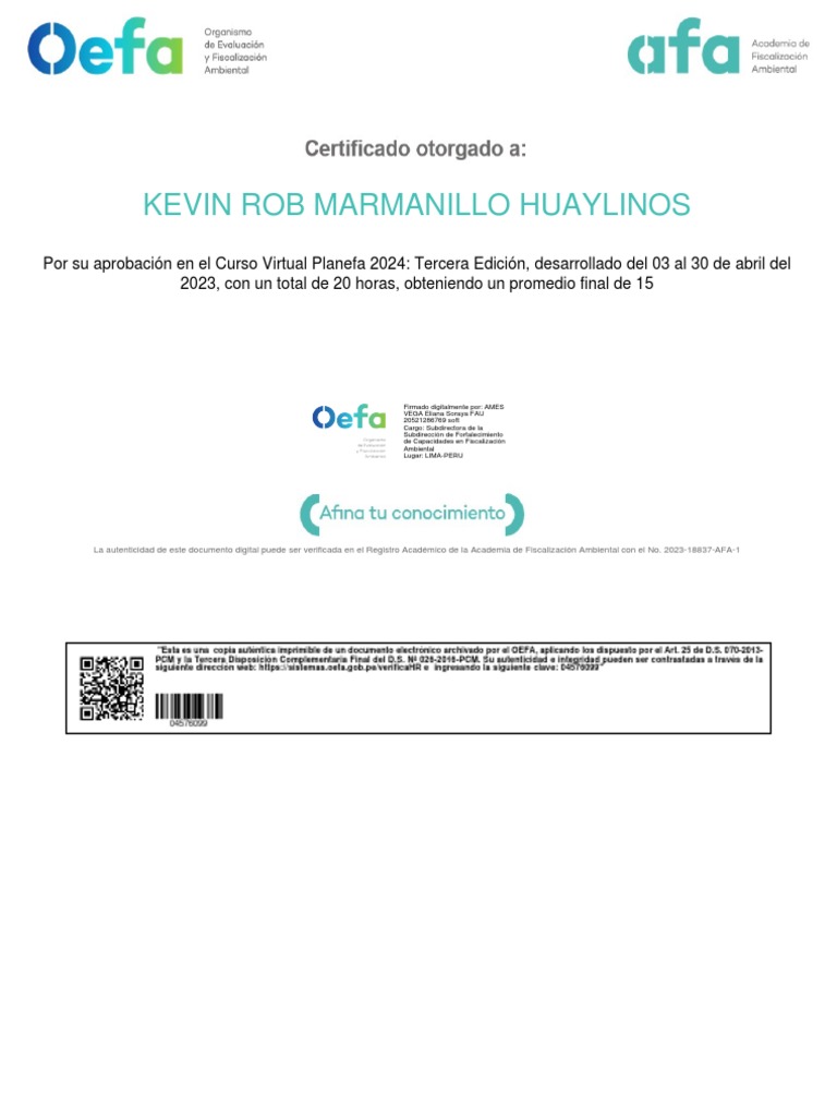 Certificado Oefa - Planefa 2024 | PDF