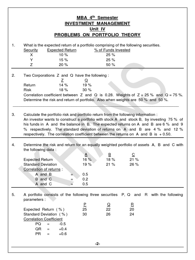 MBA 4 Sem I M Unit IV Probs on Portfolio Theory | PDF | Beta (Finance) | Capital Asset Pricing Model