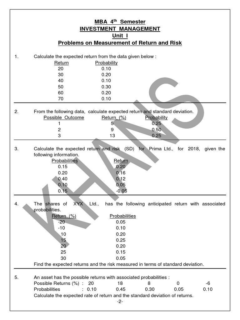 MBA 4th Sem IM Unit I Probs On Risk and Return | PDF | Beta (Finance) | Standard Deviation