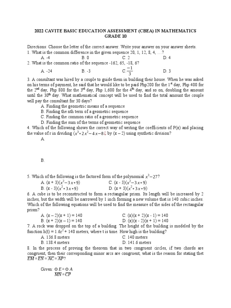 2022 Cavite Basic Education Assessment | PDF | Triangle | Mathematics