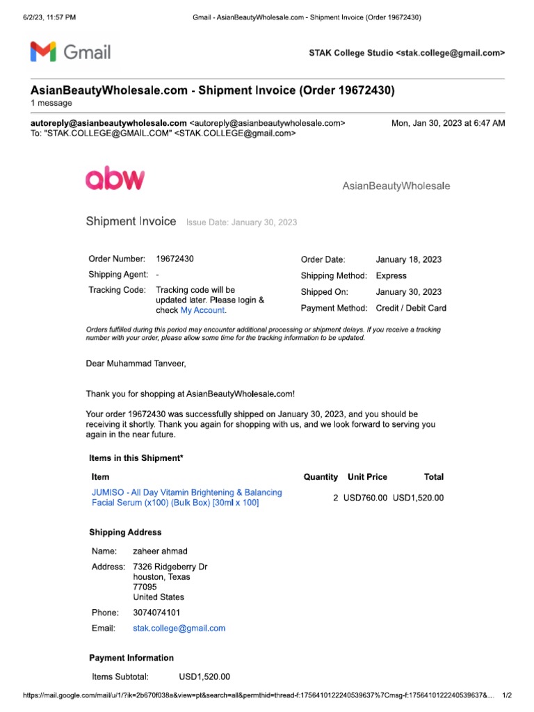 Abw Shipment Invoice 19672430 | PDF