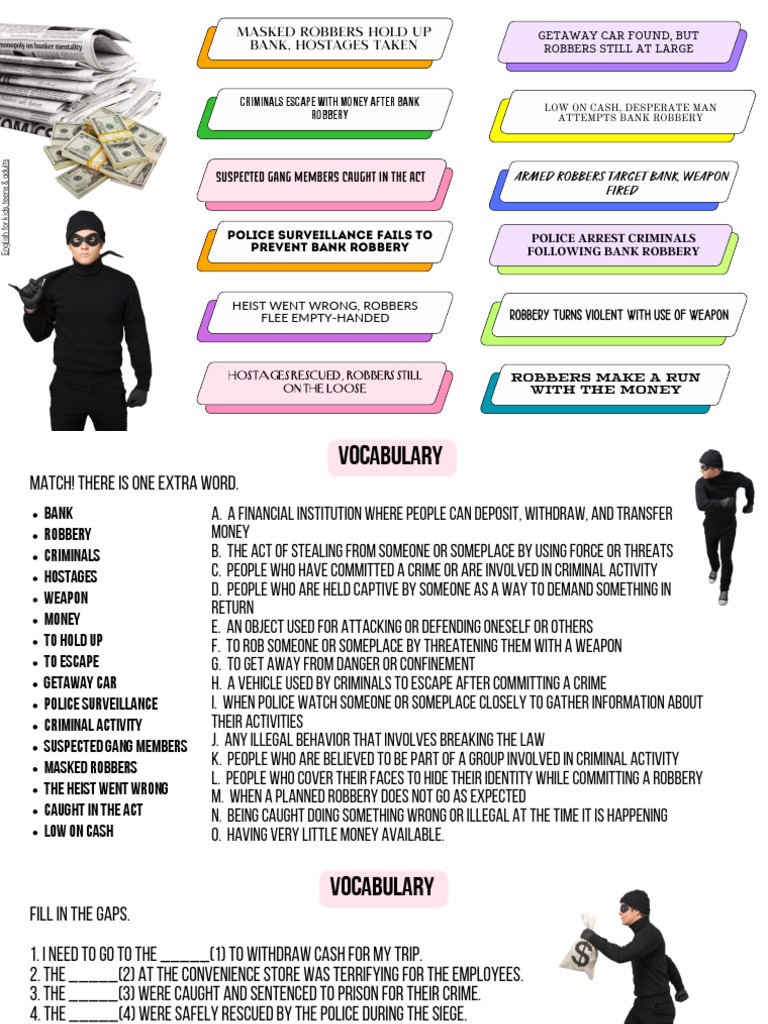 Bank Robbery Headlines English For Kids Teens and Adults | PDF ...