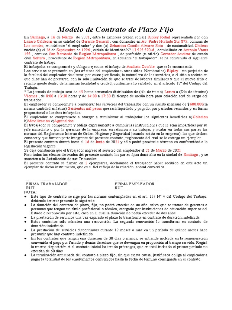Modelo de Contrato a Plazo Fijo | PDF