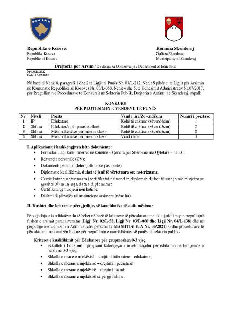 Konkurs Per Mesimdhenes Cikli I Ulet 2022 2023 | PDF