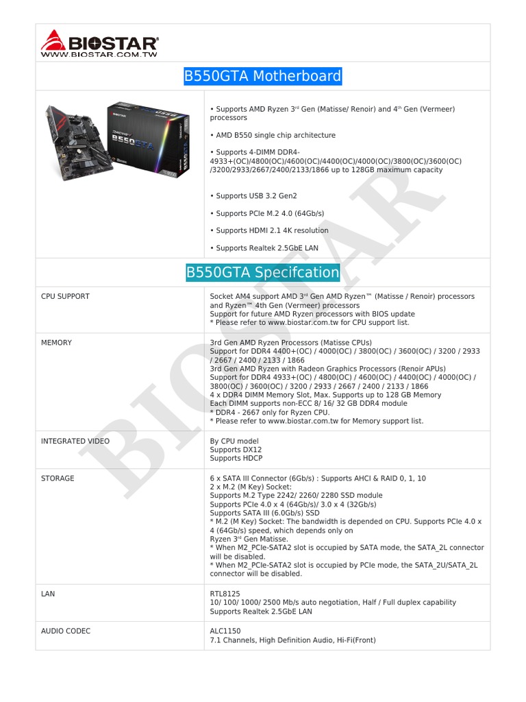 Biostar B550gta Spec | PDF | Hdmi | Usb