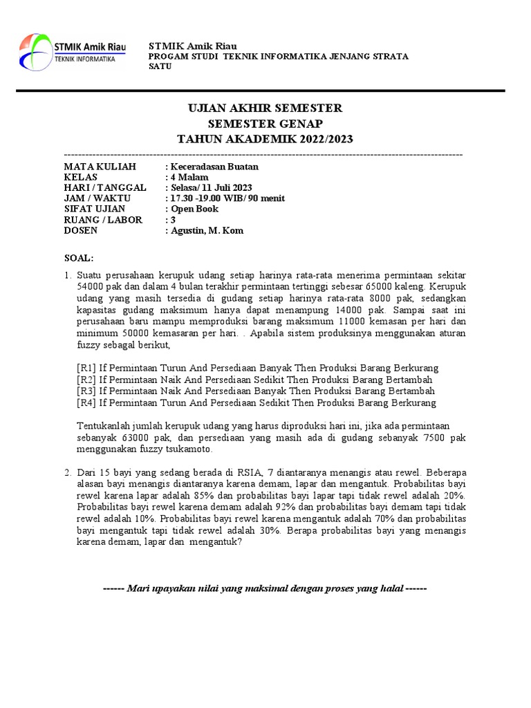 UAS Kecerdasan Buatan 2023 | PDF | Sains & Matematika