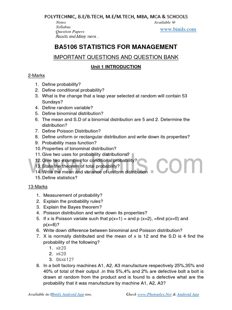 BA4101 STATISTICS FOR MANAGEMENT Reg 21 Question Bank | PDF | Student's ... BA4101 STATISTICS FOR MANAGEMENT Reg 21 Question Bank | PDF | Student's ...