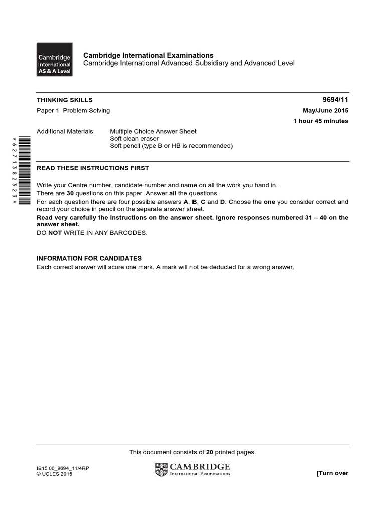 2015 - Cambridge AS and A Level Thinking Skill - 9694 - s15 - 1 - 11 | PDF