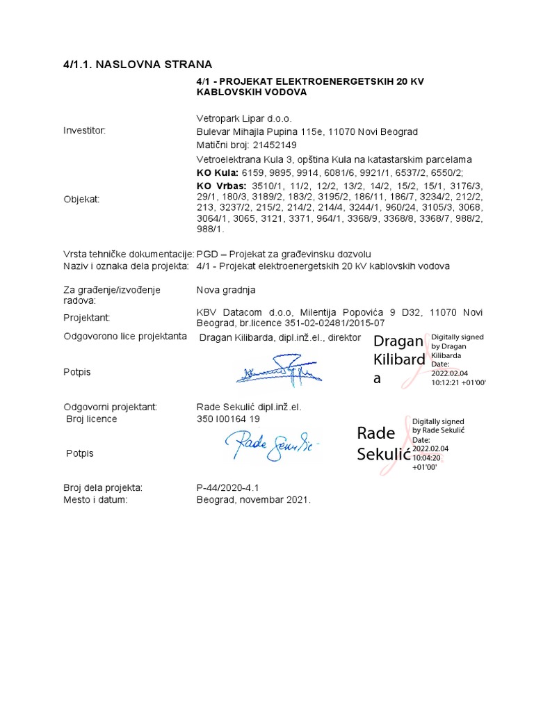 PGD 4.1 - 20 KV Kablovska Mreza VE Kula 3 Ep | PDF