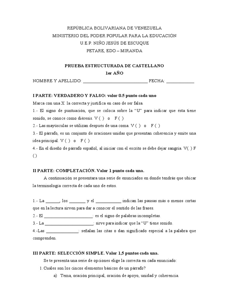 1er Año, Prueba Estructurada | PDF | Puntuación | Oración (Lingüística)