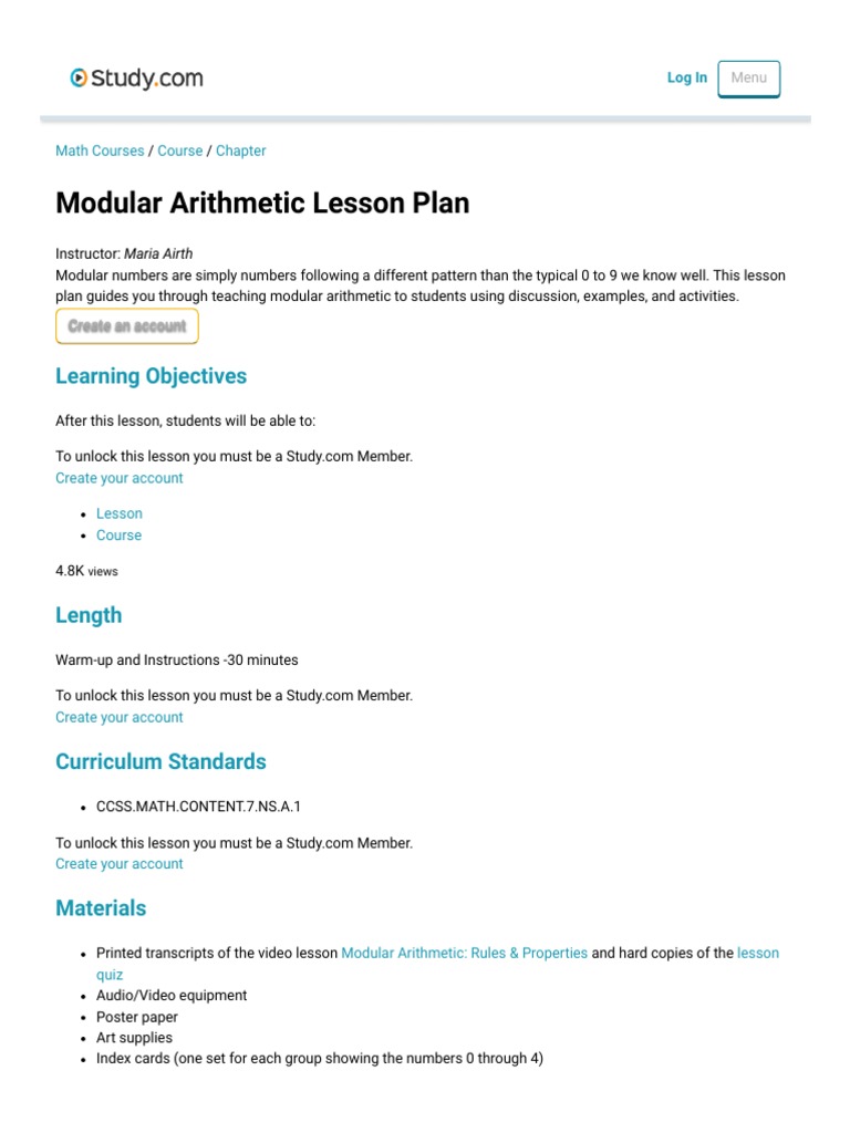 Modular Arithmetic Lesson Plan | PDF | Algebra | Arithmetic