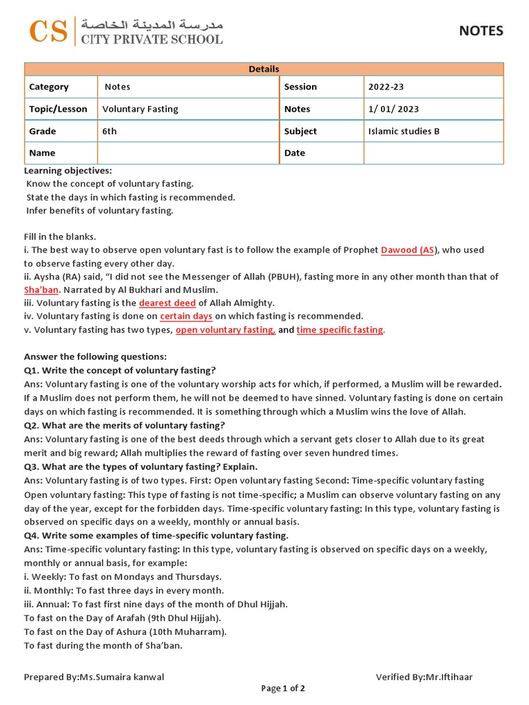 Notes GR, 6th Voluntary Fasting | PDF | Abrahamic Religions