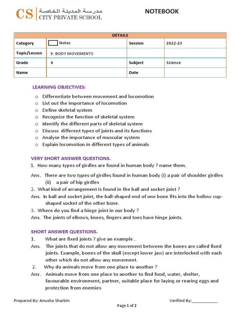 Body Movements and Skeletal System Guide | PDF | Skeleton | Joint