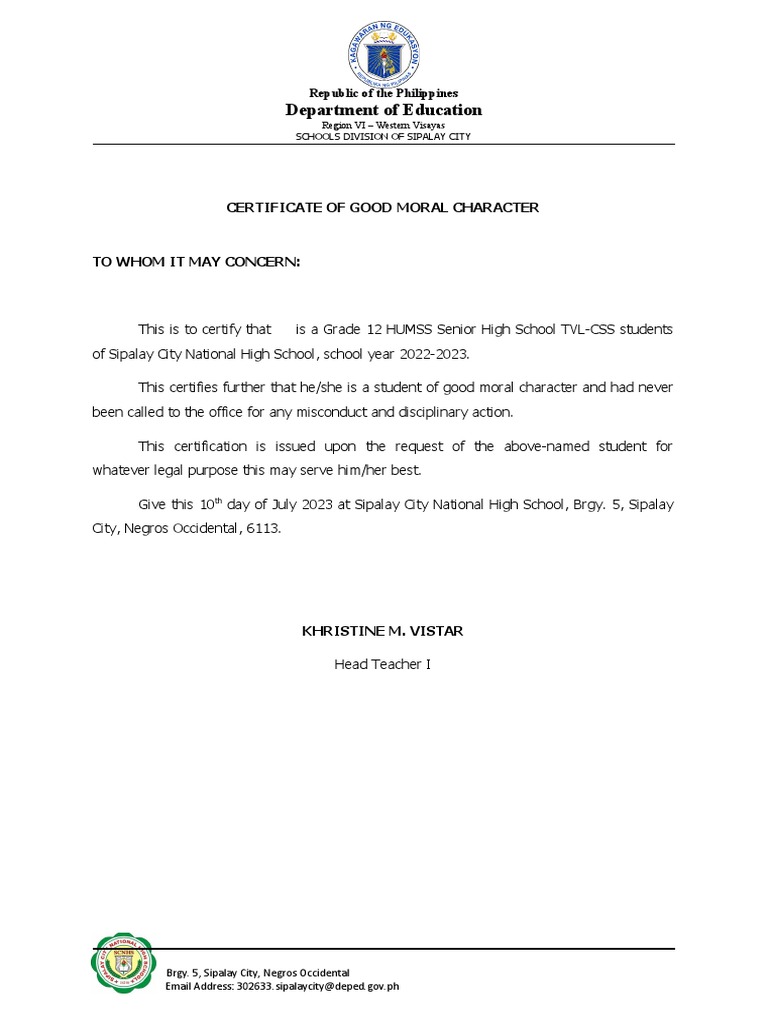 Good Moral Certificate | PDF