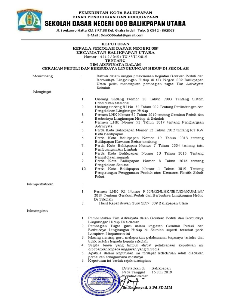 SK Pembagian Tugas Tim Adiwiyata | PDF