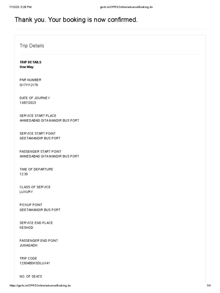 GSRTC Booking Confirmation Details | PDF | Transport | Public Transport