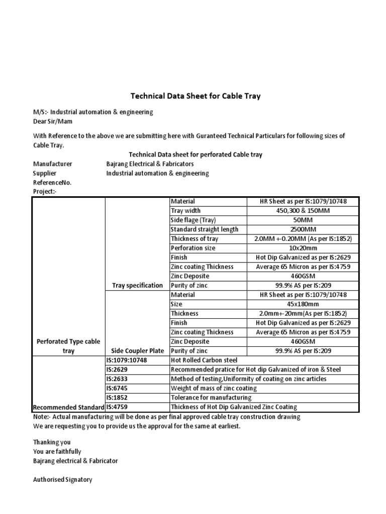 Cable Tray Technical Data Sheet | PDF | Sheet Metal | Galvanization