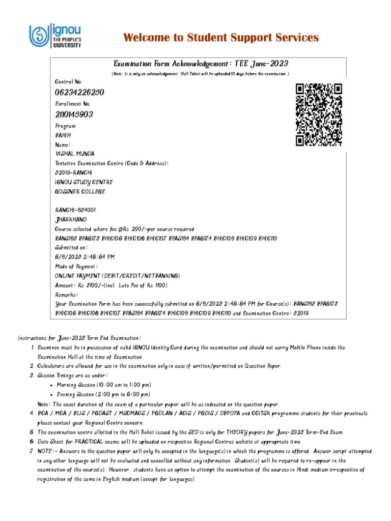 IGNOU - Examination Form Acknowledgement | PDF