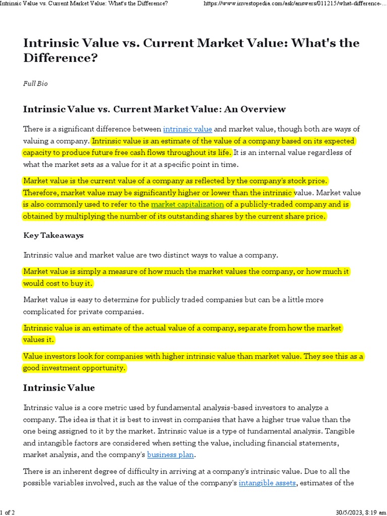 Intrinsic Value vs. Current Market Value What's The Difference ...