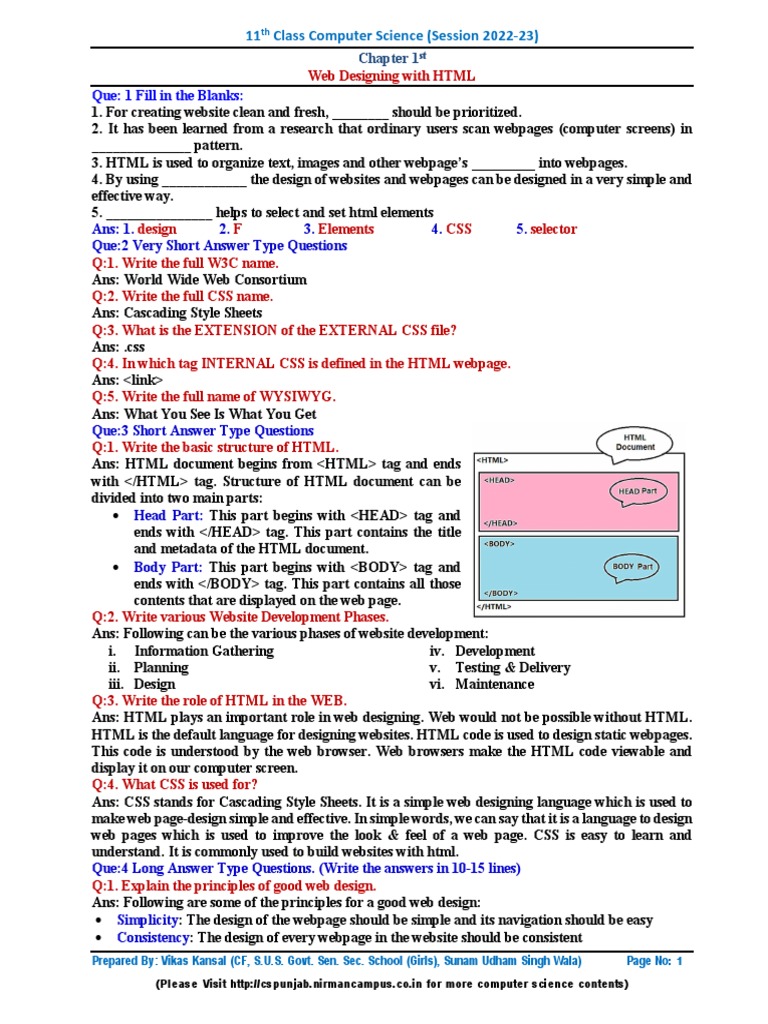 11 Class Computer Science (Session 2022-23) : Que: 1 Fill in The Blanks | PDF | Html Element ...