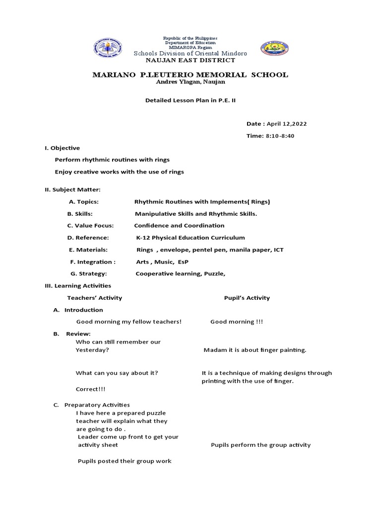 Detailed LP PE 3 | PDF | Physical Education | Cognition