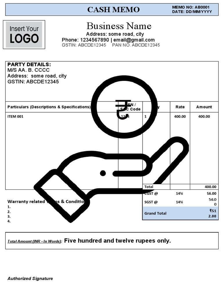 GST Cash Memo Format Example | PDF