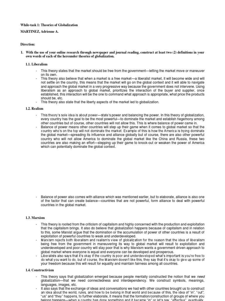 M1 WHILE TASK Theories of Globalization | PDF | Capitalism | Marxism