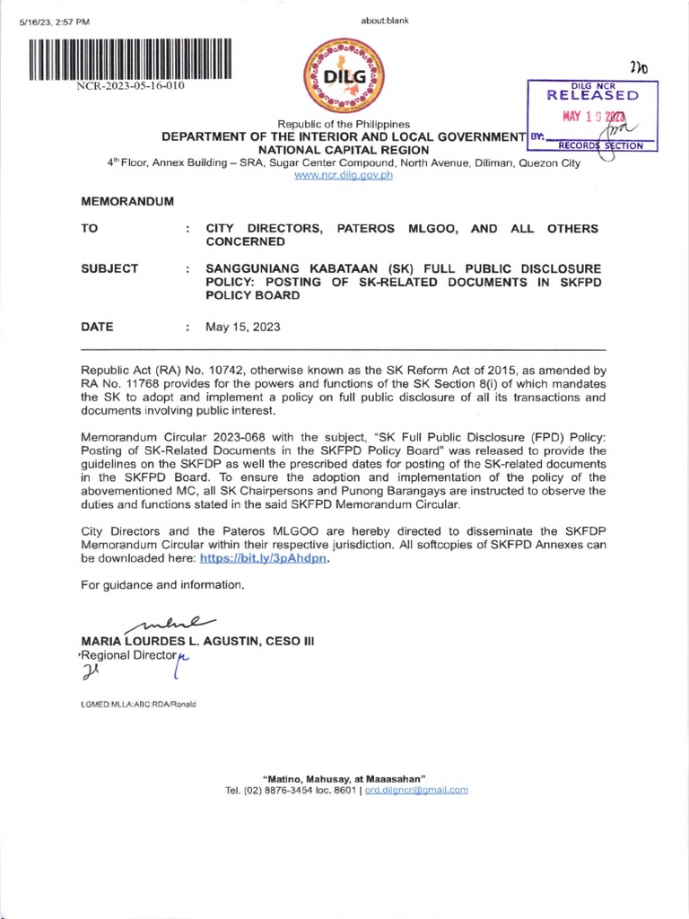 Memorandum - DILG Memo Cir # 2023 - 068 - SK Full Public Disclosure ...