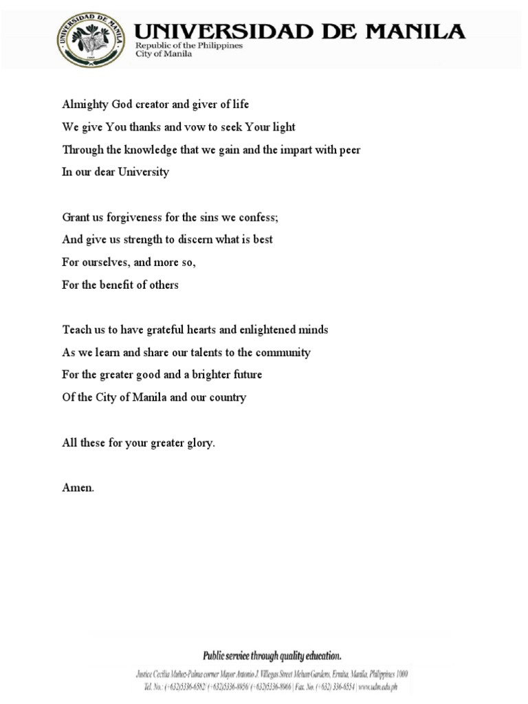 UDM Institutional Prayer for Students | PDF