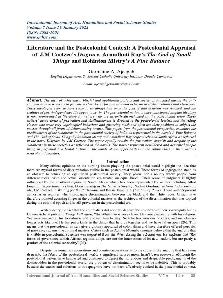 Literature and The Postcolonial Context: A Postcolonial Appraisal of J.M Coetzee's Disgrace ...