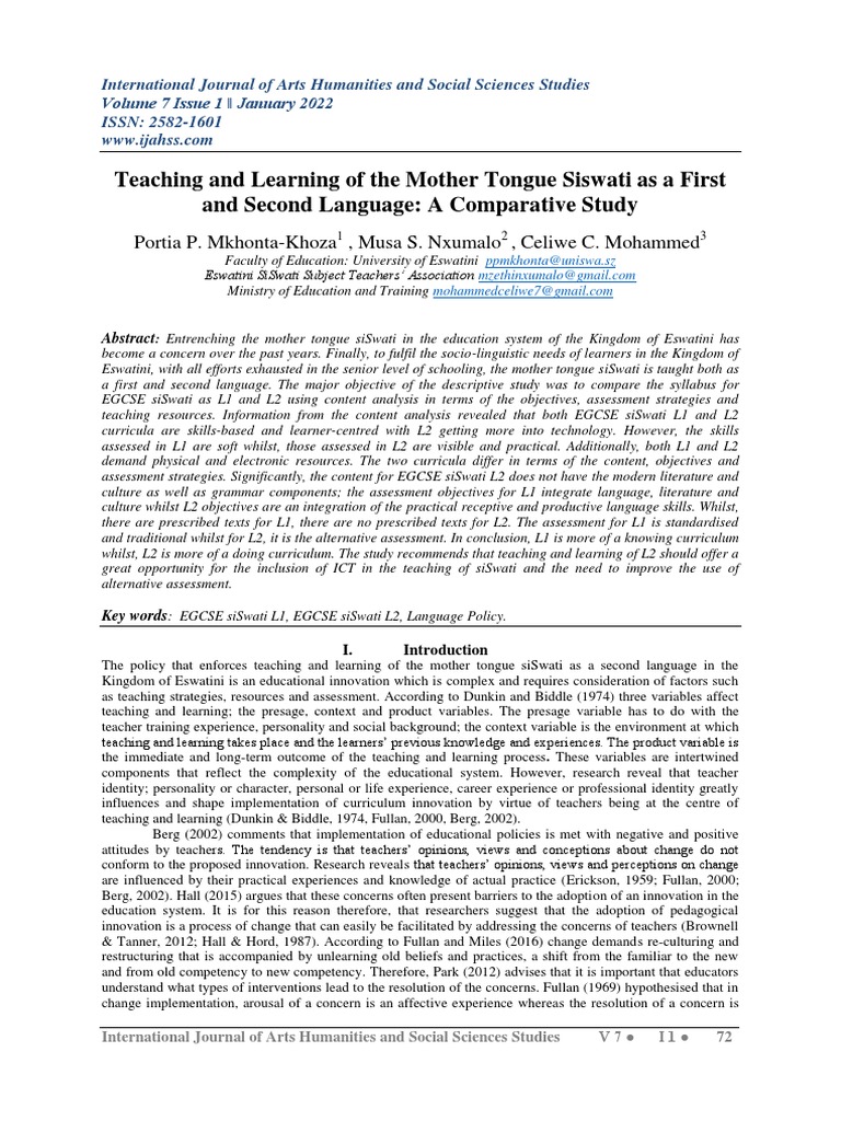 Teaching and Learning of The Mother Tongue Siswati As A First and Second Language: A Comparative ...