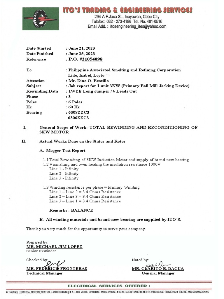 3KW Motor Rewinding Report | PDF | Electric Motor | Electrical ...