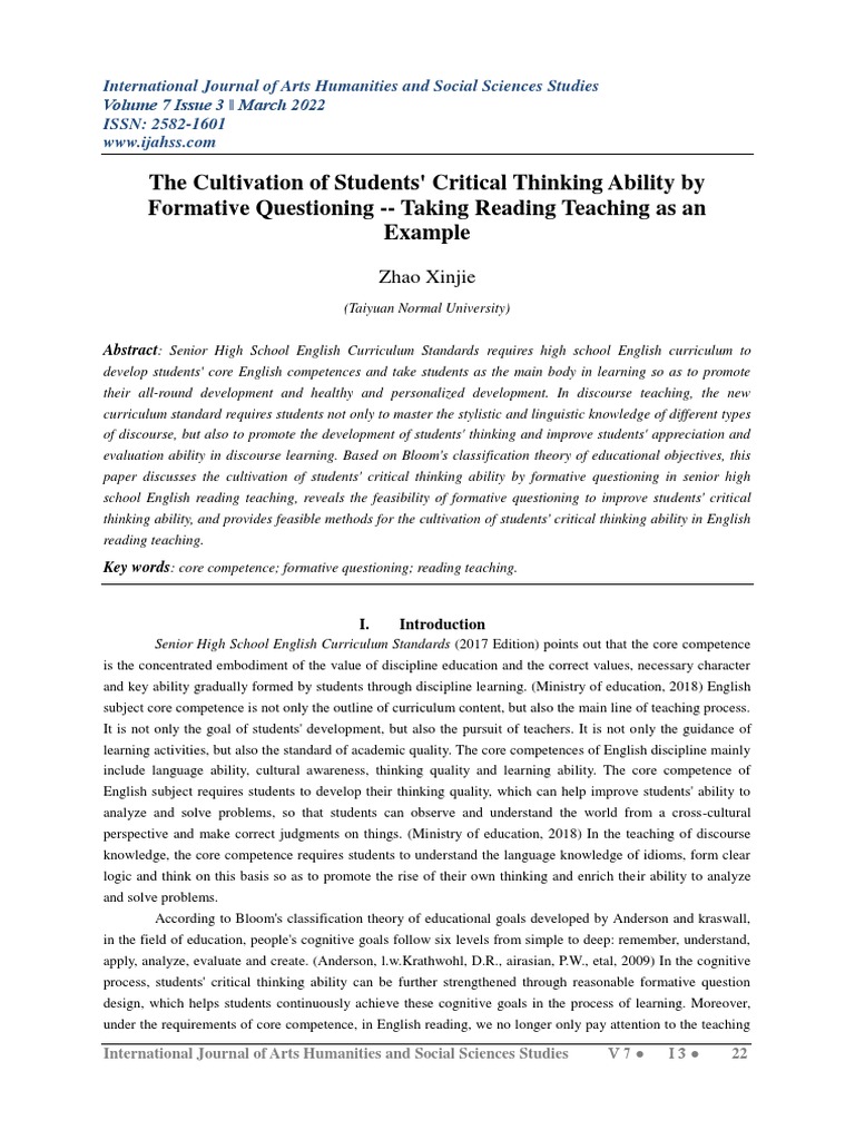 The Cultivation of Students' Critical Thinking Ability by Formative ...