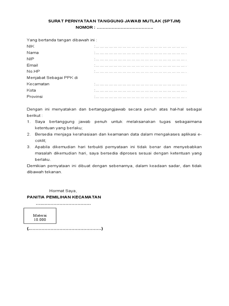 SPTJM Pengelolaan Akun PPK Dan PPS Pada Sidalih Pemilu Tahun 2024 | PDF