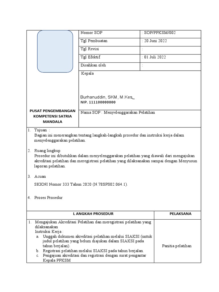 Contoh 2 Sop Pelayanan Penyelenggaraan Pelatihan | PDF