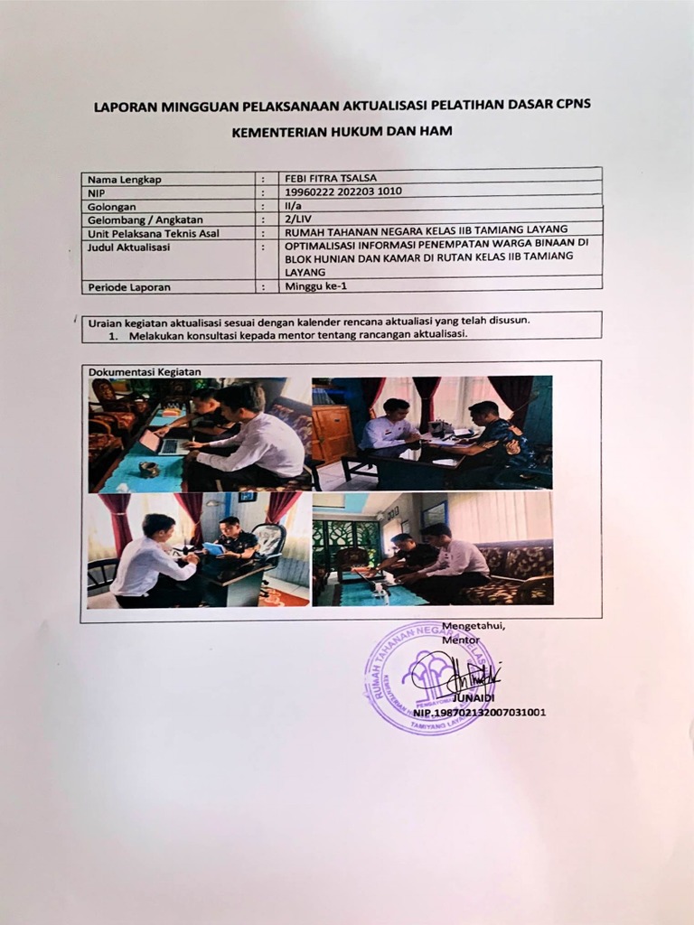 Laporan Minggu Ke-1 Aktualisasi Pelatihan Dasar CPNS Kemenkumham Febi ...
