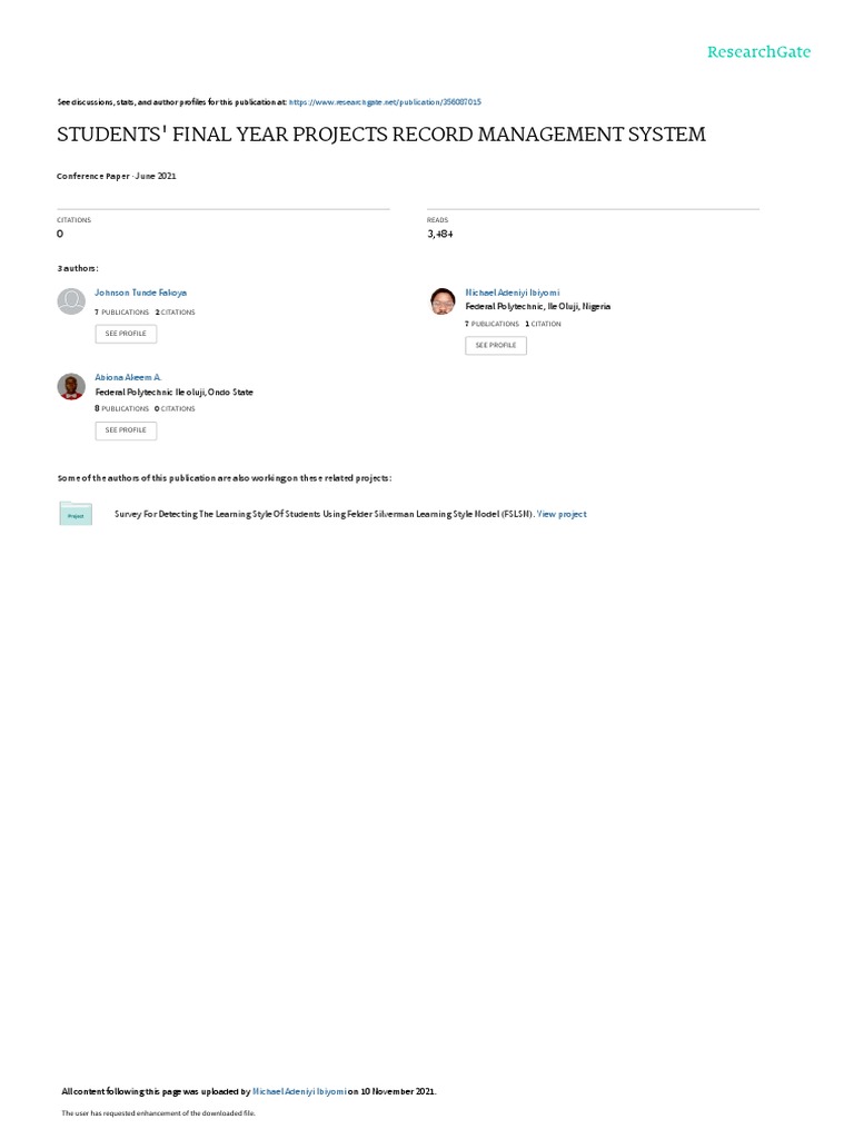 Students' Final Year Projects Record Management System: June 2021 | PDF | Microsoft Access ...
