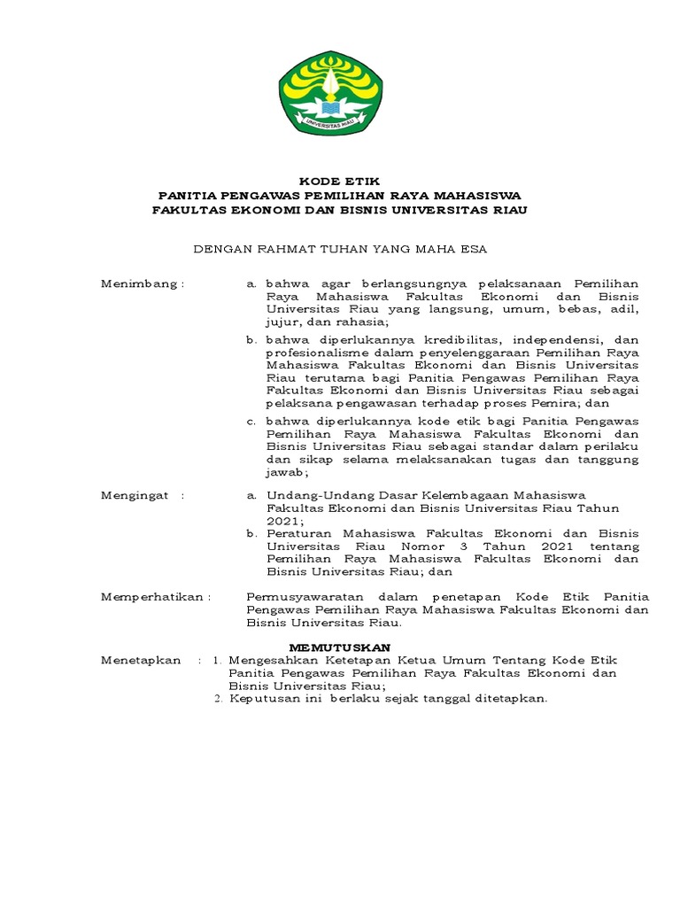 Kode Etik Panwas FEB UNRI 2023 | PDF | Pengelolaan Keuangan & Uang