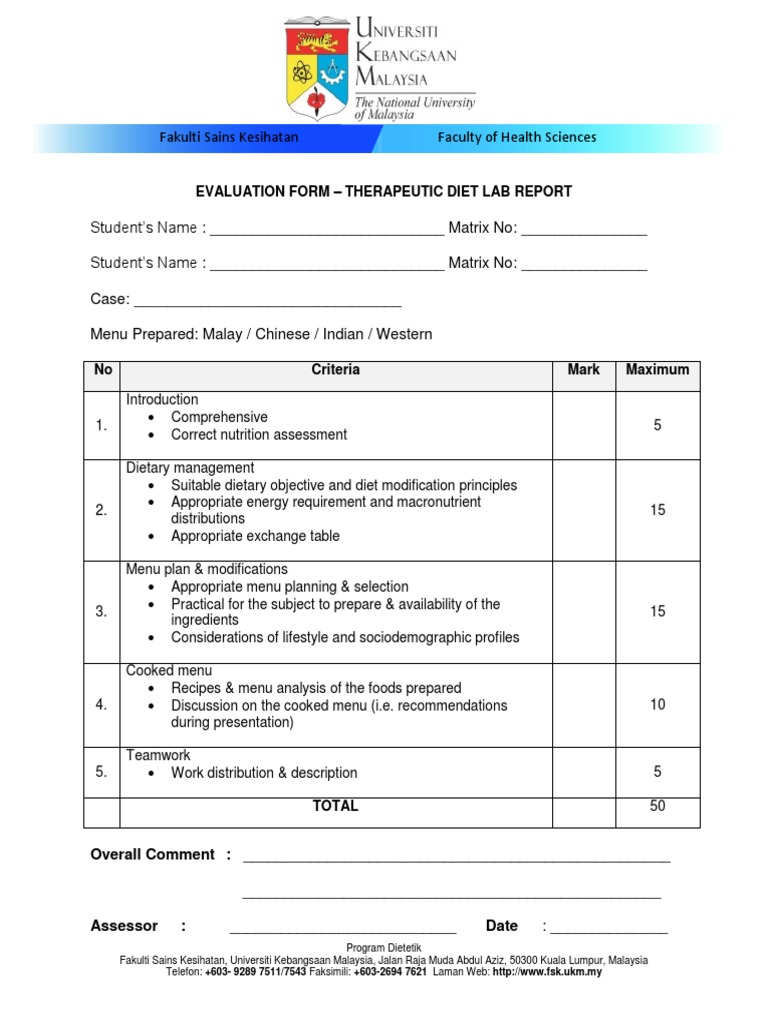 Therapeutic Diet Lab Evaluation Form | PDF | Diet (Nutrition) | Diet ...