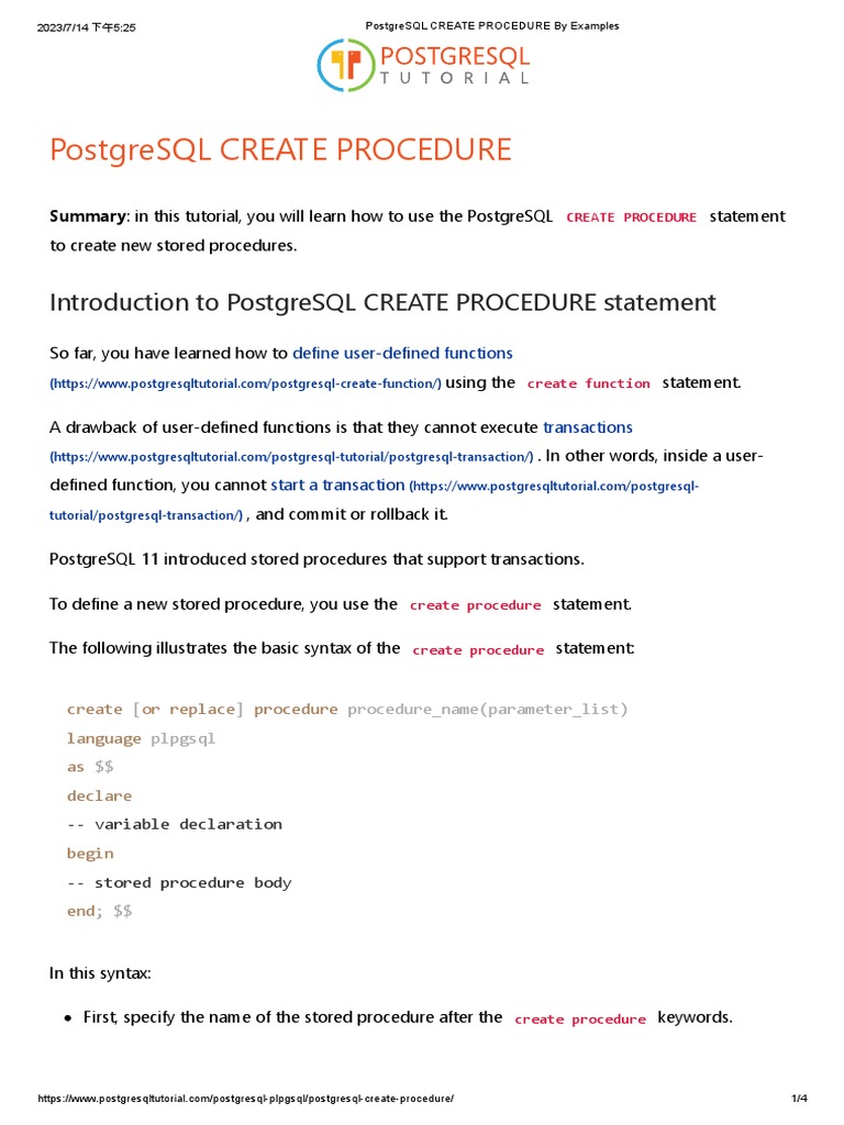 PostgreSQL CREATE PROCEDURE by Examples | PDF | Parameter (Computer Programming) | Postgre Sql
