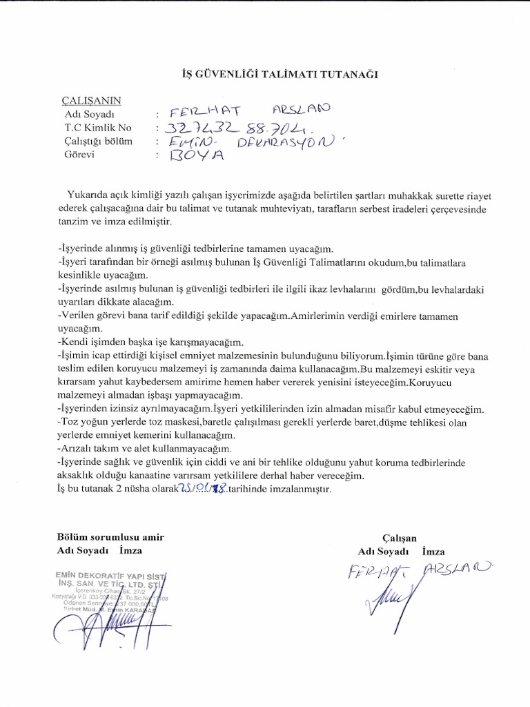 İş Güvenli̇ği̇ Tali̇mati - Ferhat Arslan | PDF