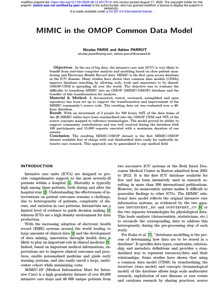 MIMIC in The OMOP Common Data Model | PDF | Databases | Intensive Care Unit