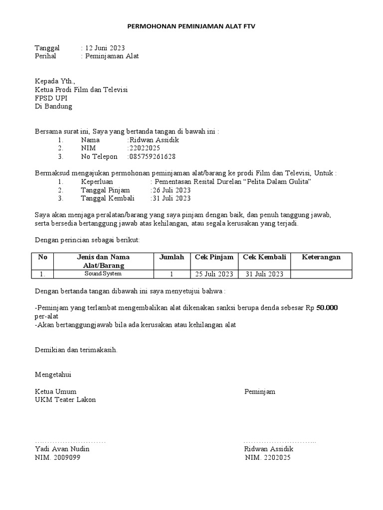 Format Peminjaman Alat FTV Copy | PDF