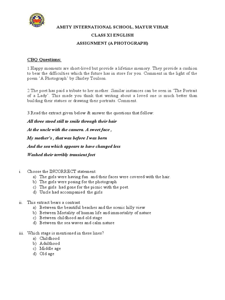 CBQ Questions:: Amity International School, Mayur Vihar Class Xi English Assignment (A ...