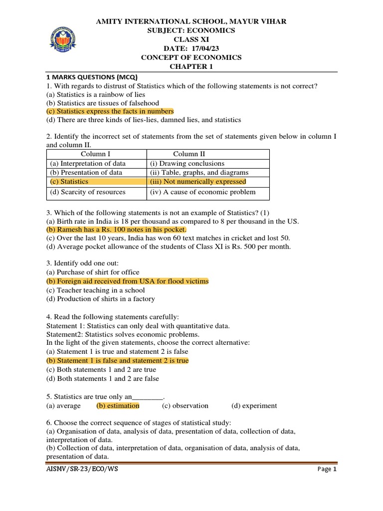 Amity International School, Mayur Vihar Subject: Economics Class Xi DATE: 17/04/23 Concept of ...